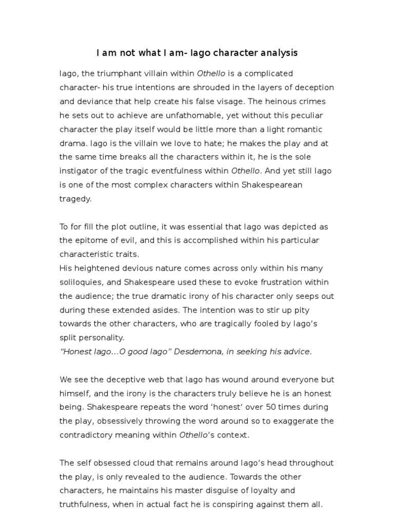 Iago Character Analysis Essay | PDF | Iago | Othello