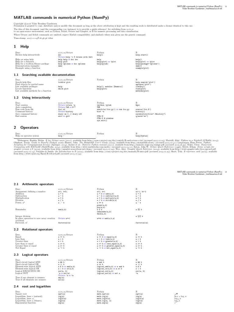 Matlab Python Cheatsheet Formulae Pdf Pdf Matrix Mathematics Eigenvalues And Eigenvectors