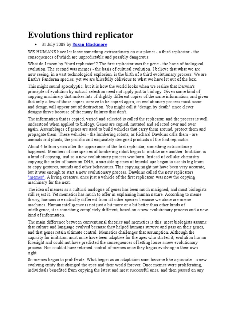 Evolutions Third Replicator: Susan Blackmore | PDF | Meme | Evolution