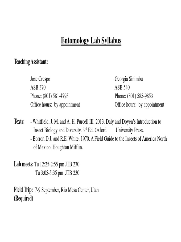 Entomology Lab Syllabus | PDF | Arthropods | Test (Assessment)
