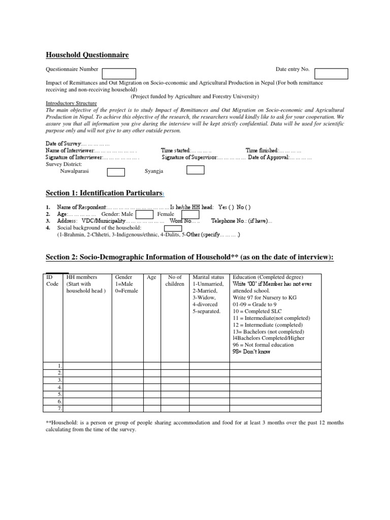 Household Questionnaire | PDF | Farms | Livestock