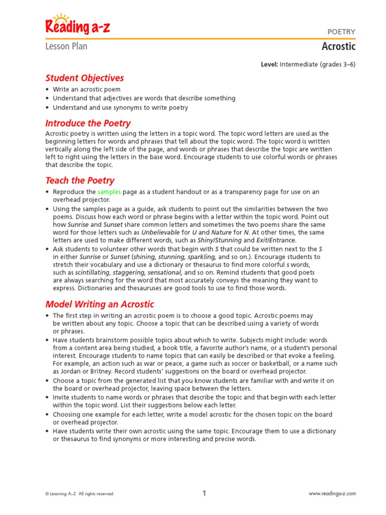 Acrostics Lesson Plan | PDF | Poetry | Books