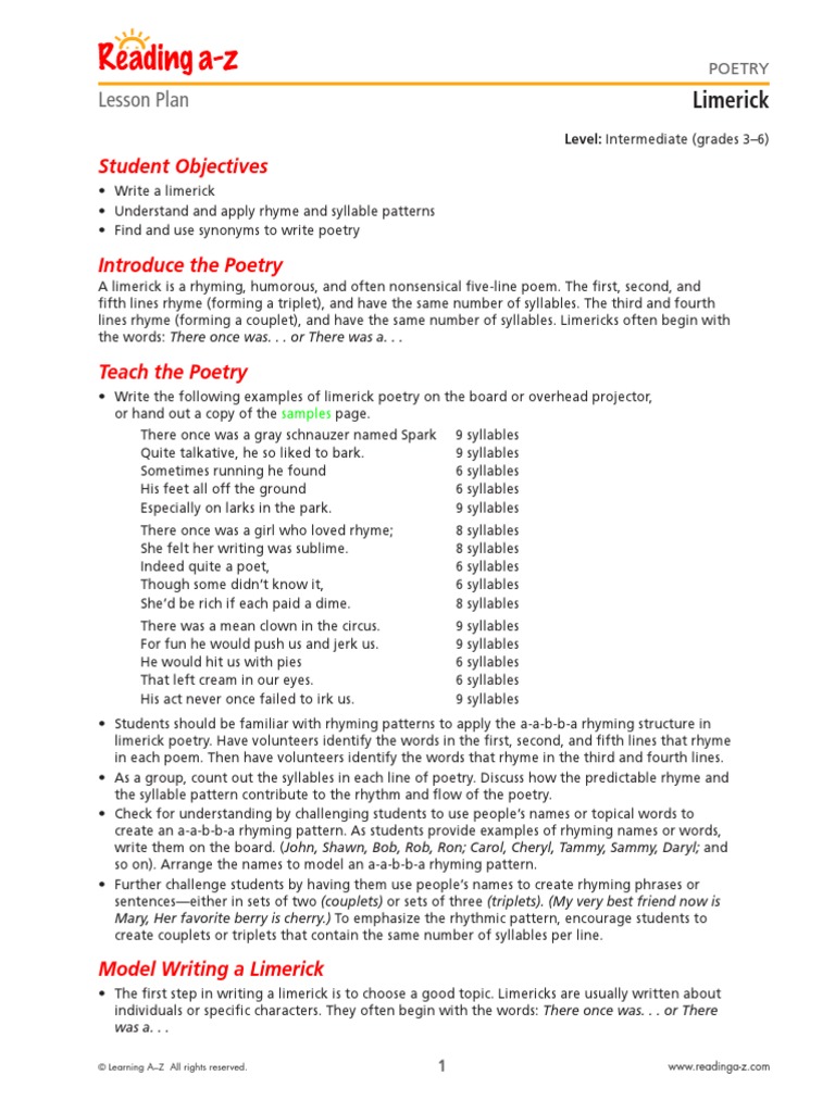 Limerick Lesson Plan | PDF | Limerick (Poetry) | Poetry