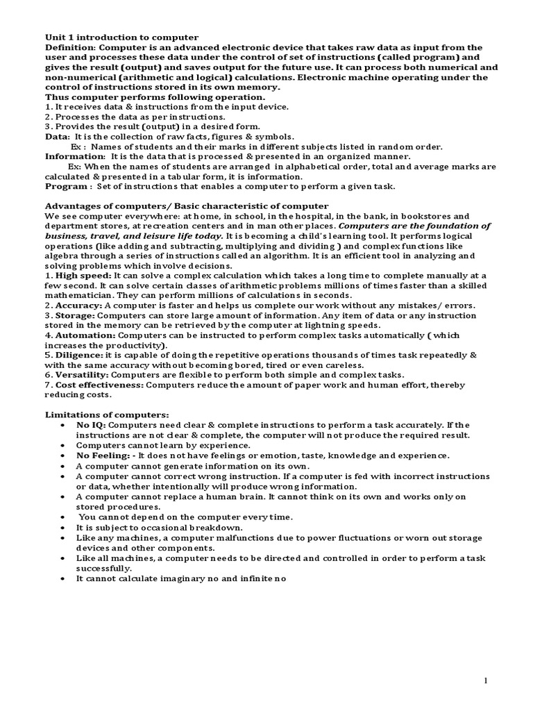Unit 1 Introduction To Computer | PDF | Random Access Memory | Computer Data Storage