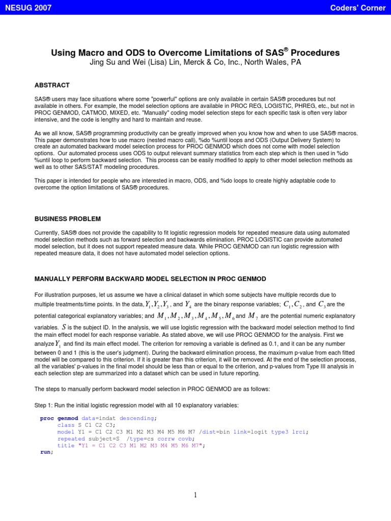 Using Macro and ODS To Overcome Limitations of SAS Procedures | PDF | Logistic Regression ...