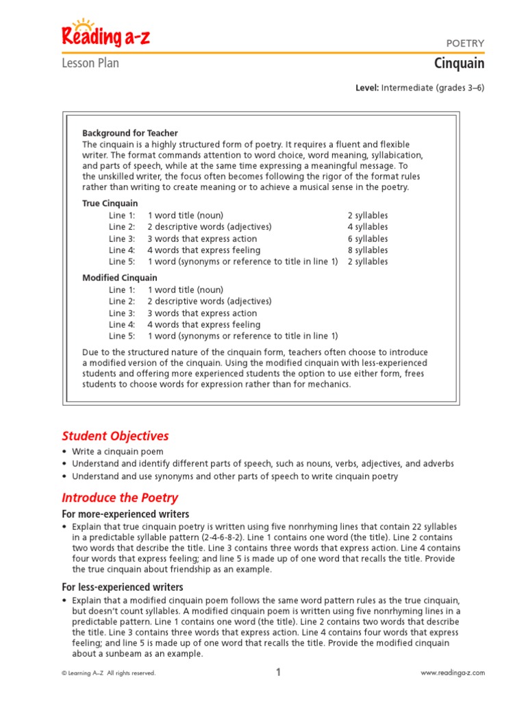 Cinquain Lesson Plan | PDF | Part Of Speech | Adjective