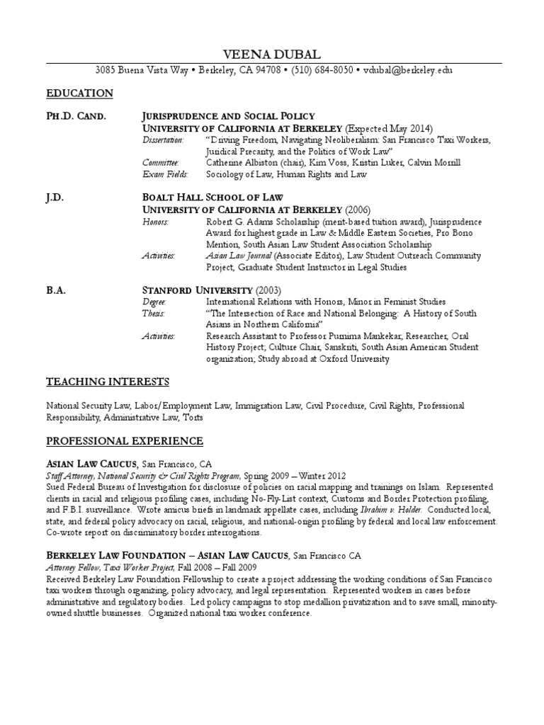 Veena Dubal: Legal Scholar CV | PDF | University Of California | California