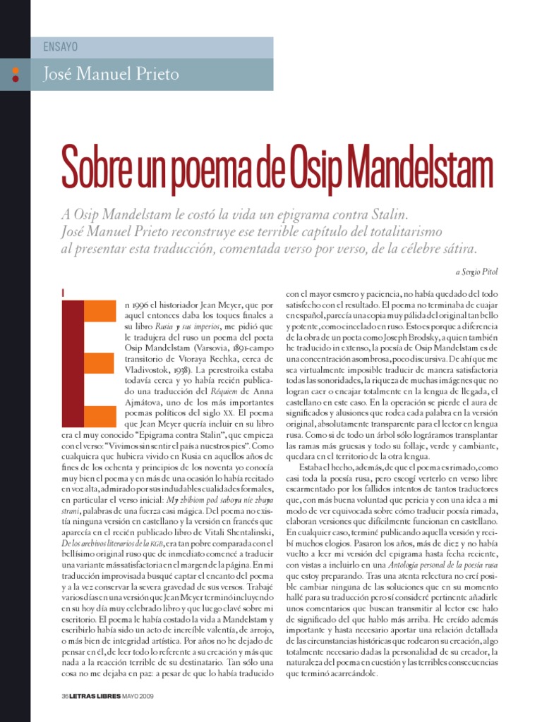 José Manuel Prieto, Sobre Un Poema de Osip Mandelstam, Letras Libres ... José Manuel Prieto, Sobre Un Poema de Osip Mandelstam, Letras Libres ...