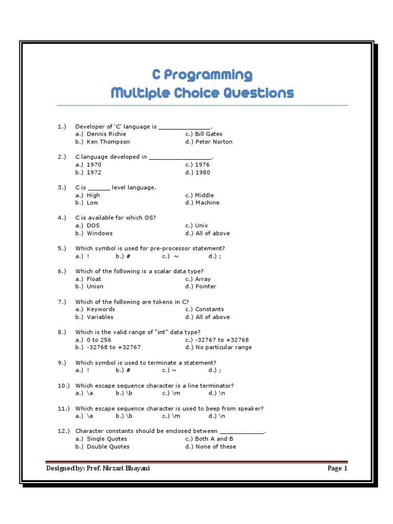 100 MCQ - C Lan Nir | PDF | C (Programming Language) | Areas Of ...