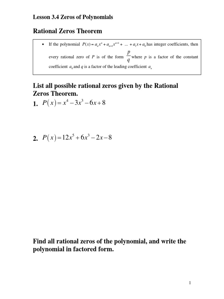 Finding Rational Zeros of Polynomials | PDF | Polynomial | Zero Of A ...