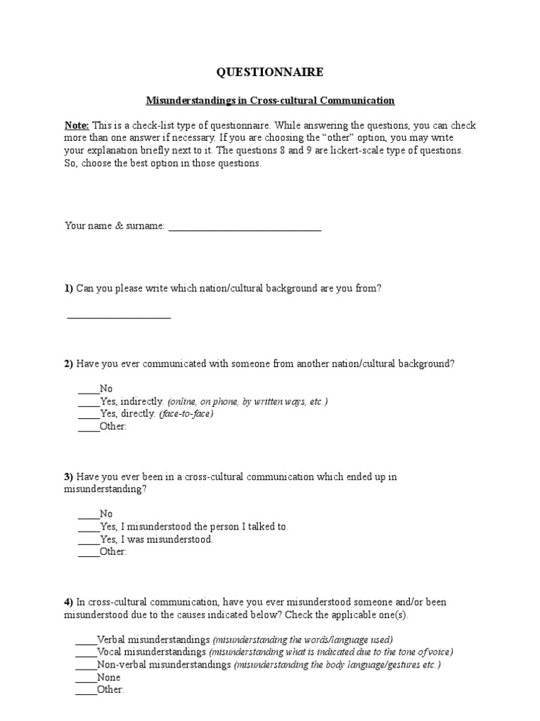 Questionnaire | Body Language | Cross Cultural Communication | Free 30 ...