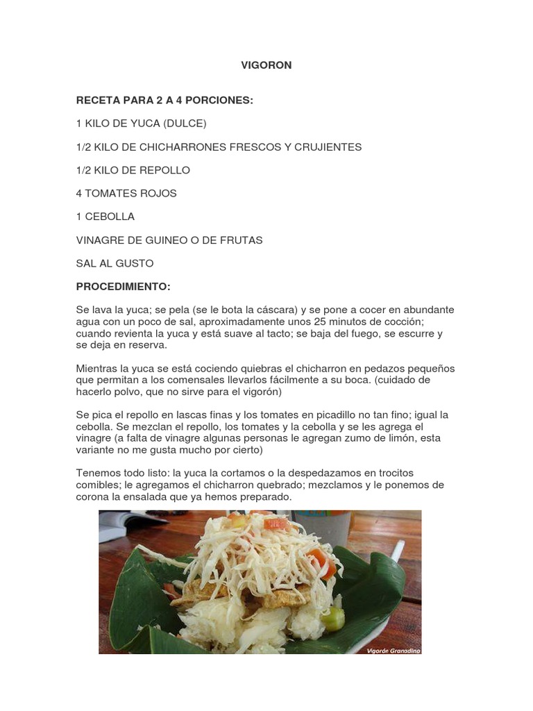 Receta del Vigorón Nicaragüense | PDF | Caldo | ensalada