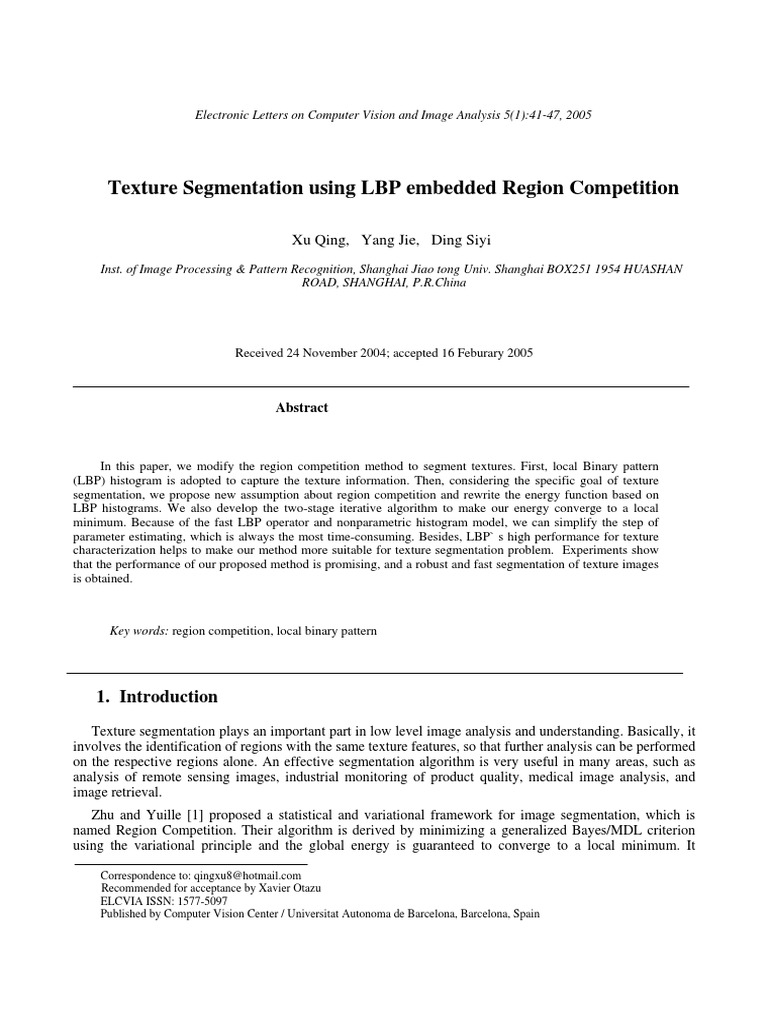 Texture Segmentation Using LBP Embedded Region Competition: Xu Qing, Yang Jie, Ding Siyi | PDF ...