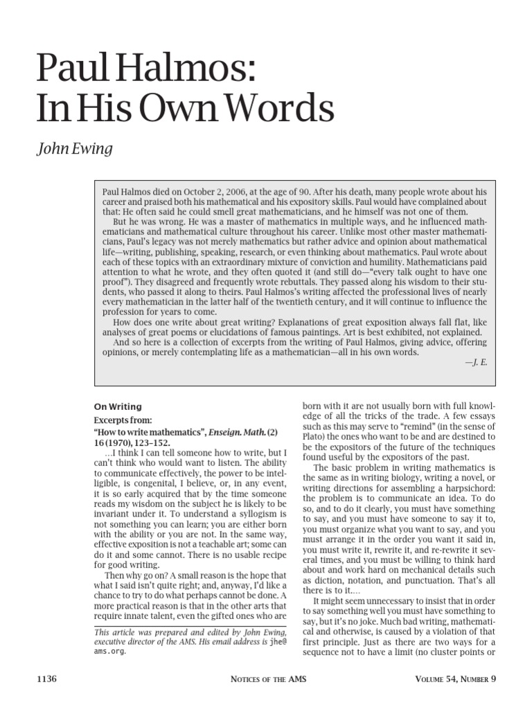 Paul Halmos - in His Own Words | PDF | Pure Mathematics | Mathematical ...