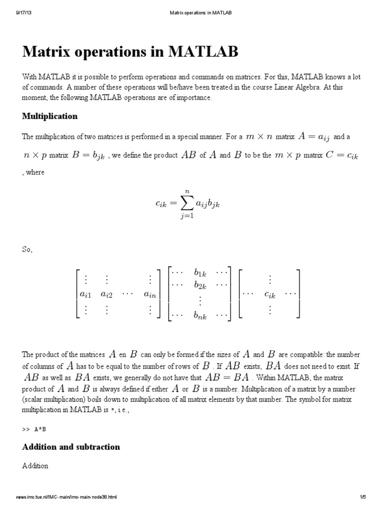 Matrix Operations In Matlab Pdf Pdf Matrix Mathematics