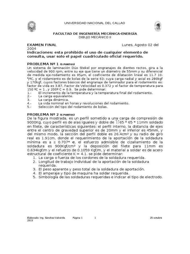 Examen Final Dib Mec II 02-08-04 Propuesto | PDF | Braguero | Engranaje