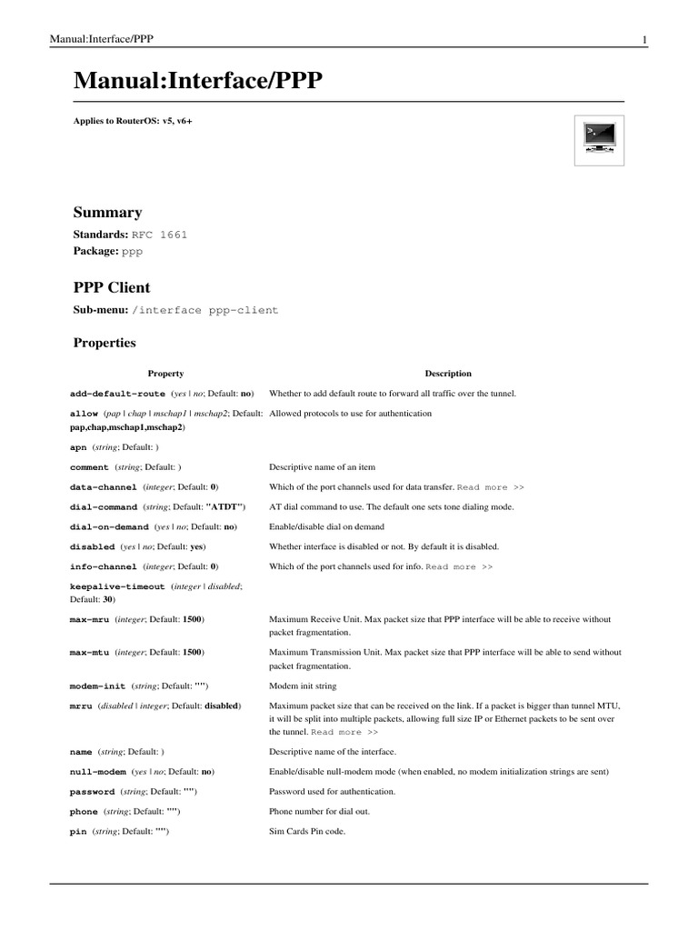 Manual:Interface/PPP: Properties | PDF | Default (Computer Science) | Network Packet