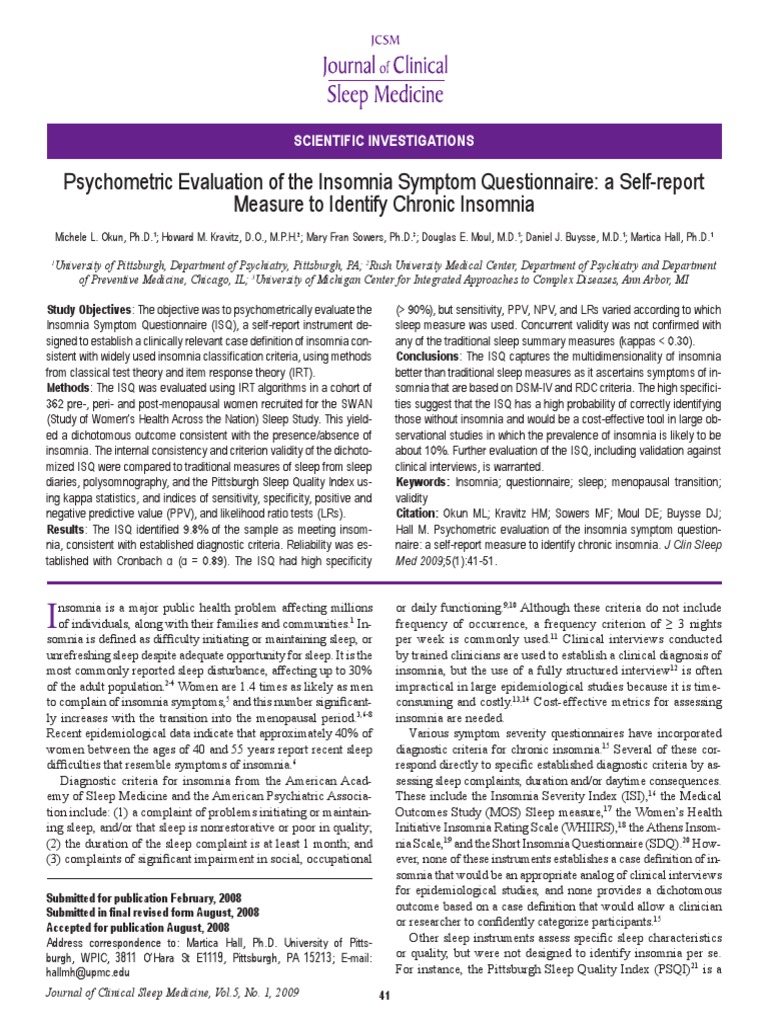 Psychometric Evaluation of the Insomnia Symptom Questionnaire | PDF ...