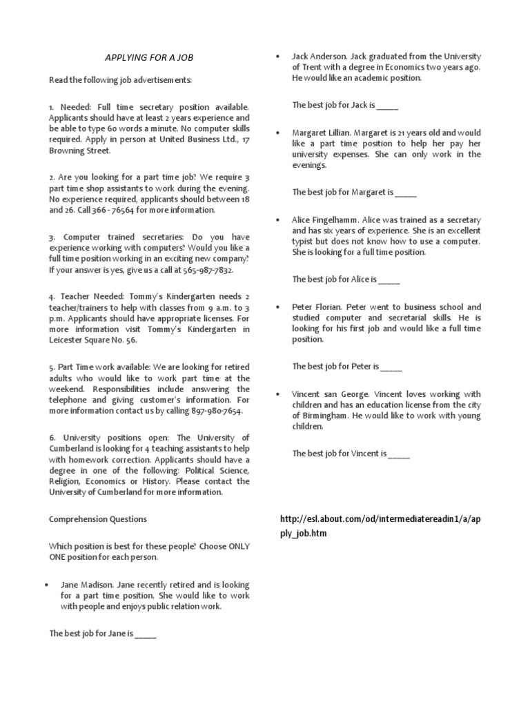 Applying For A Job: Comprehension Questions | PDF | Learning | Cognition