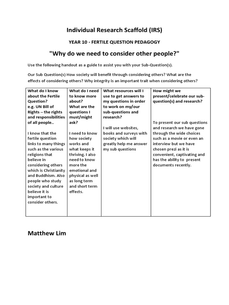 Individual Research Scaffold (IRS) : Year 10 - Fertile Question ...