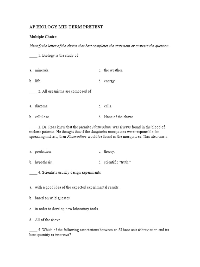 AP Biology Midterm Pretest Questions | PDF | Photosynthesis | Cellular ...