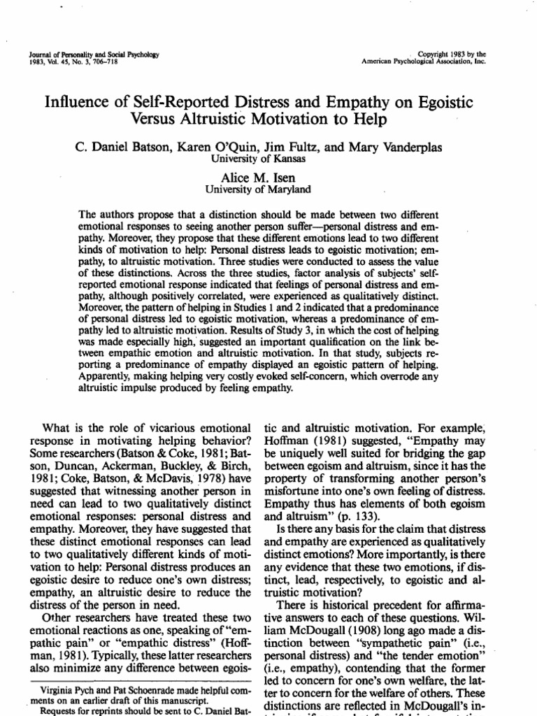 Influence of Self-Reported Distress and Empathy and Egoistic Versus ...