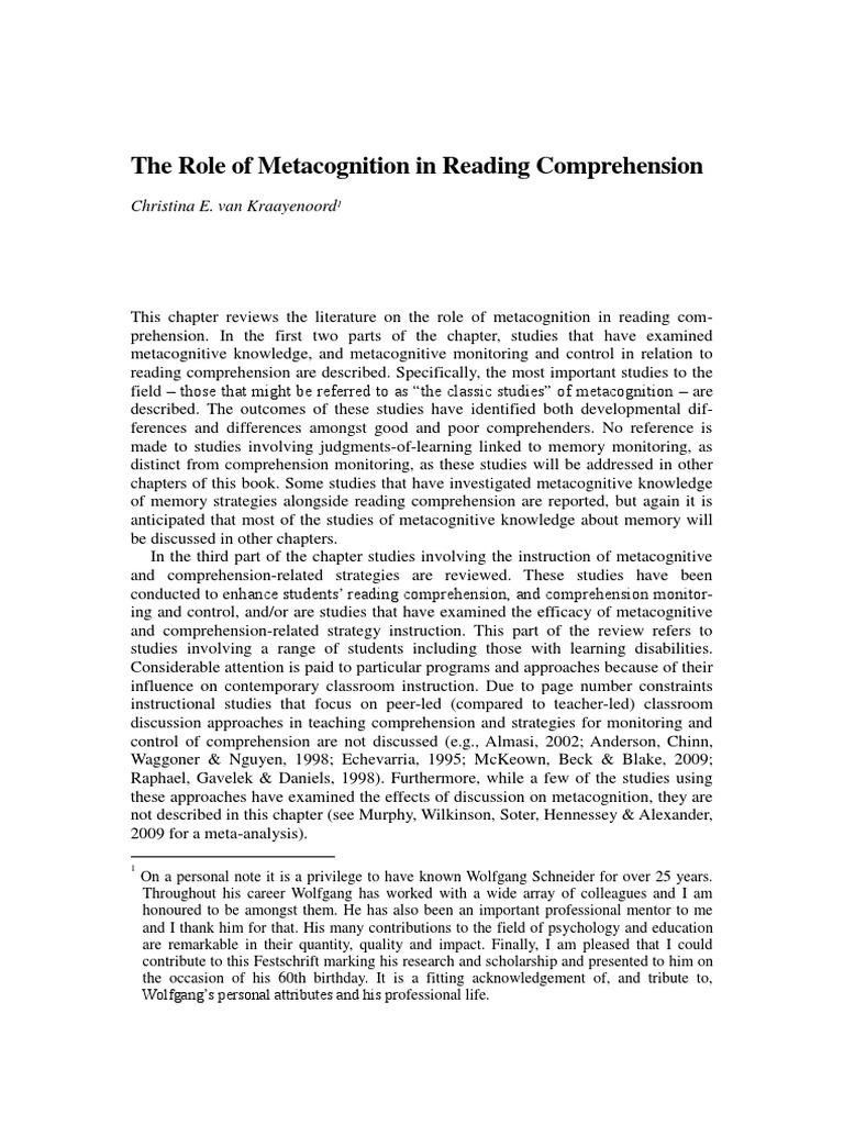 The Role of Metacognition in Reading Comprehension PDF | PDF ...