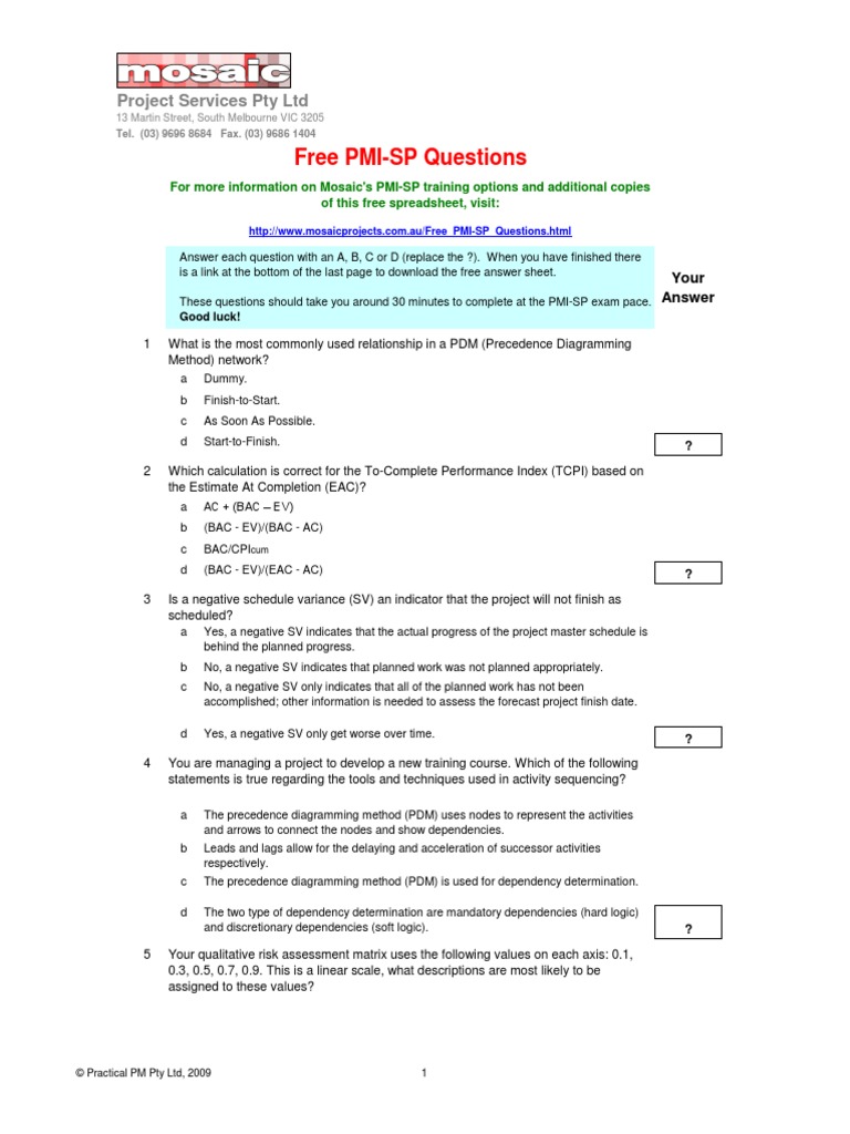 Free PMI-SP Questions | PDF | Business