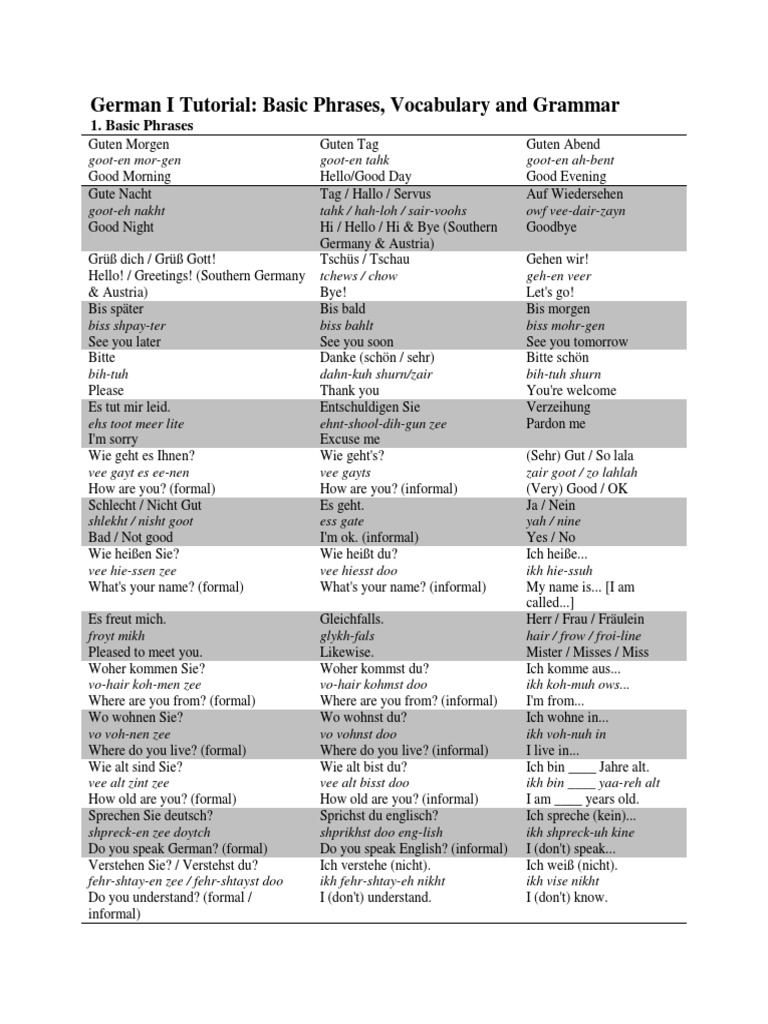 German I Tutorial Basic Phrases, Vocabulary and Grammar PDF | PDF