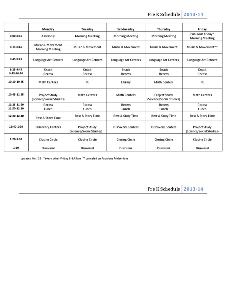 Pre K Classroom Schedule | PDF
