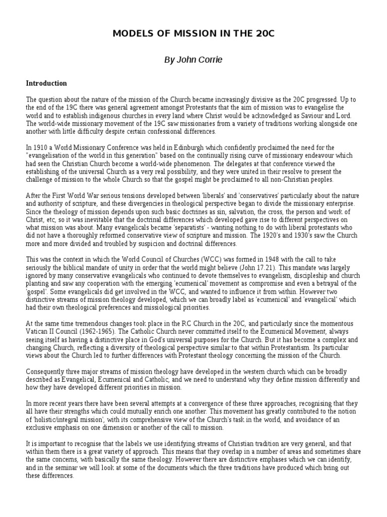 Corrie Models of Mission in 20C PDF | PDF | Christian Mission | Ecumenism