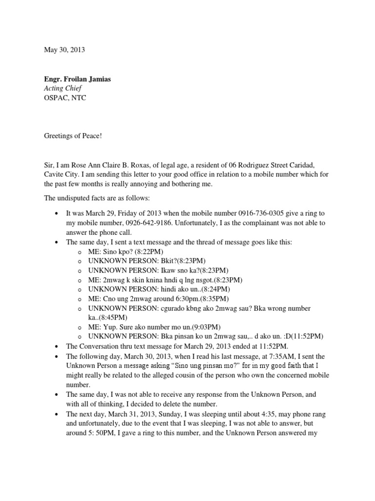 NTC Complaint Letter.docx | Telecommunications | Semiotics