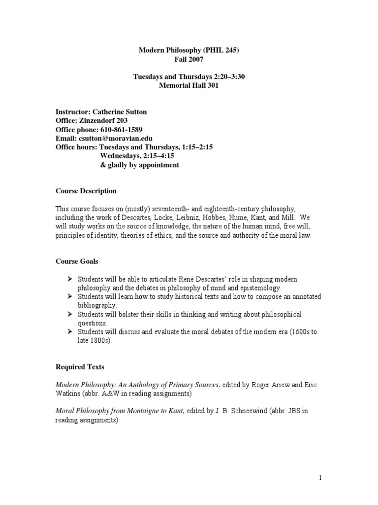 Modern Philosophy Syllabus | PDF | Modern Philosophy | Metaphysics