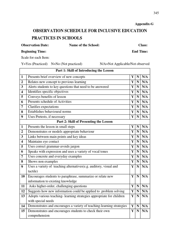 Observation Schedule For Inclusive Education Practices in Schools | PDF ...