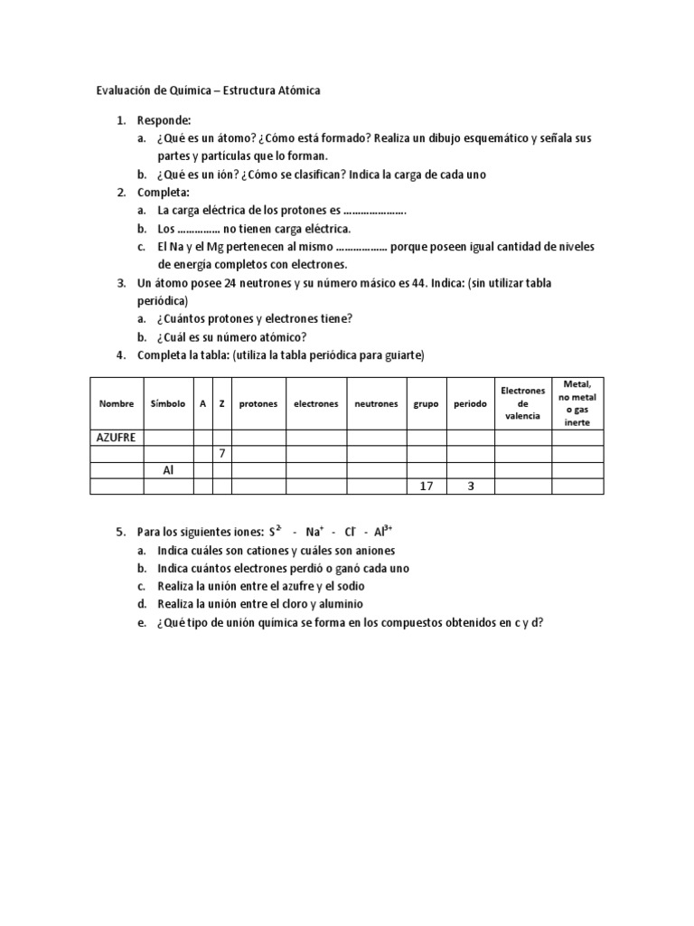 Evaluación de Química: Átomos e Iones | PDF