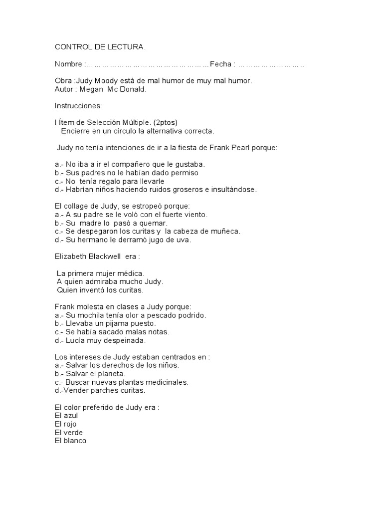 Control de Lectura Judy Moody | PDF | Ocio