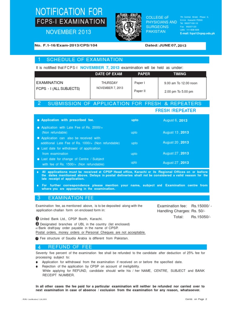 NOTIFICATION FOR FCPS - I EXAMINATION.pdf | Islamabad | Dental Degree
