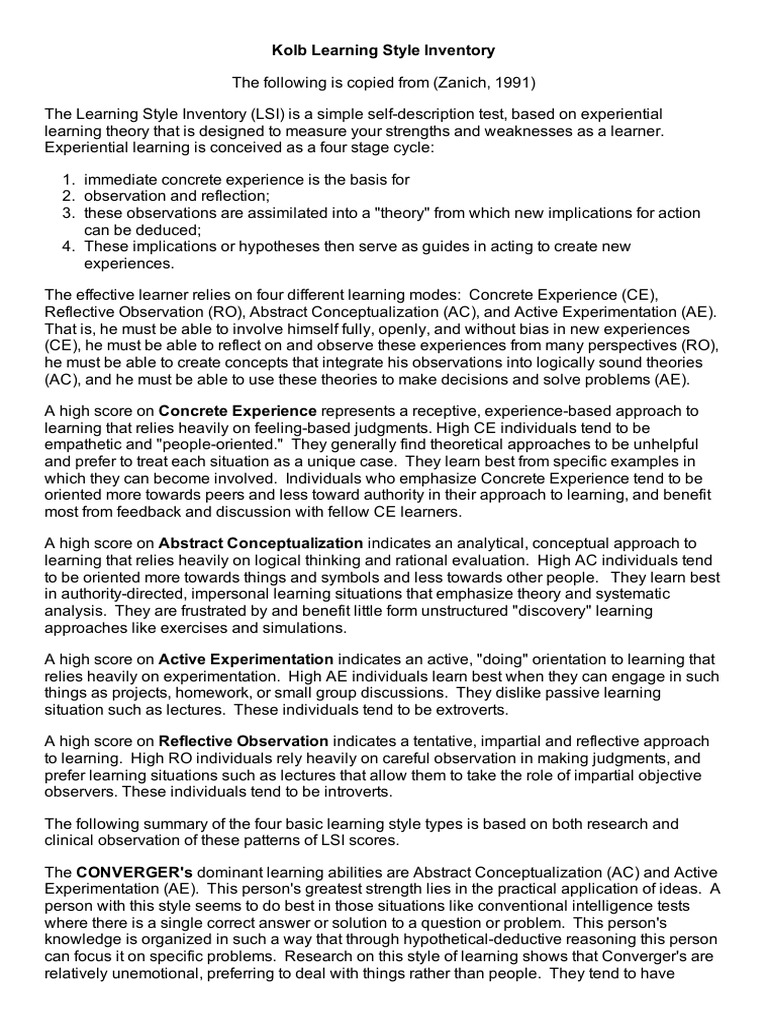 KOLB Learning Style Inventory | PDF | Learning Styles | Learning