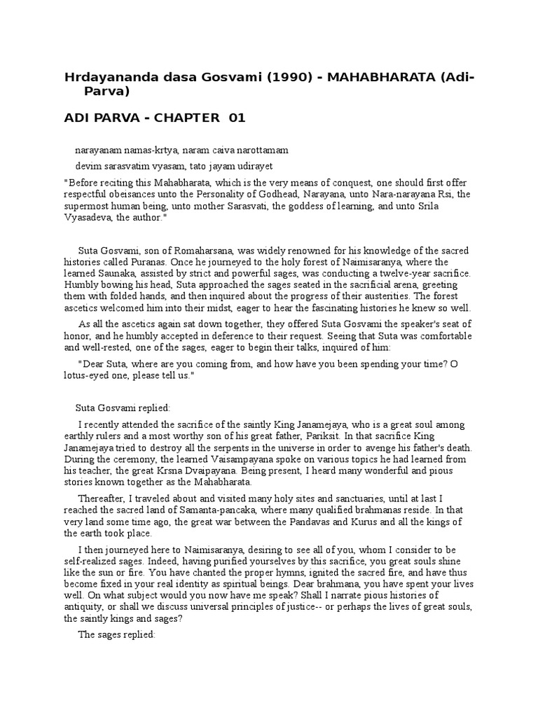 Mahabharata Adi Parva - by Hridayananda Goswami | PDF | Ancient Indian Literature | Vaishnava Texts