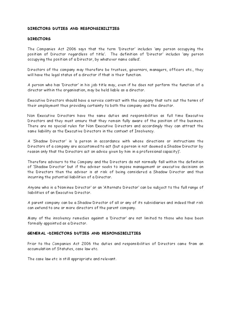 Directors' Duties and Responsibilities Under the UK Companies Act 2006 ...
