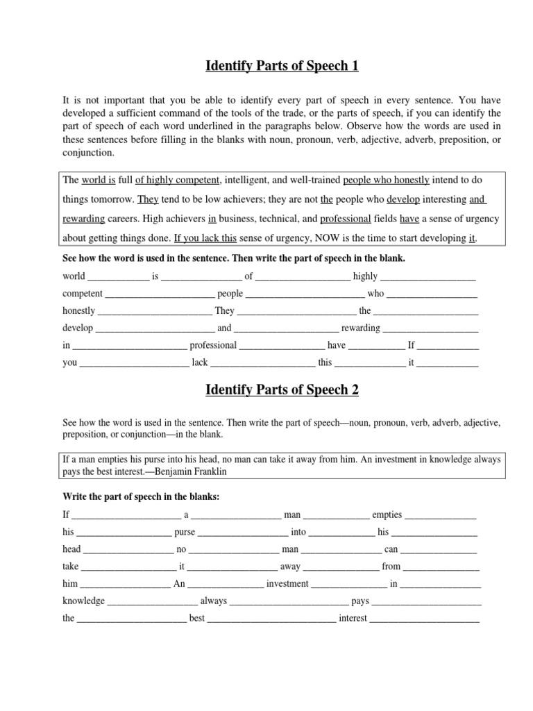 Parts of Speech Identification Worksheet | PDF | Part Of Speech ...