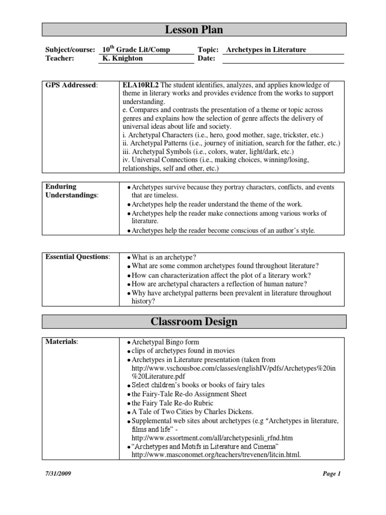 Archetype Lesson Plan | PDF | Archetype | Fairy Tales