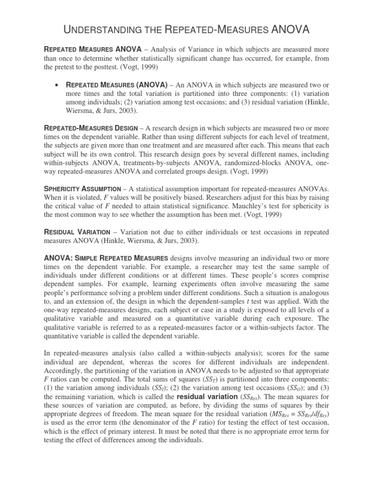 Understanding Repeated Measures Analysis of Variance (ANOVA): Key Concepts, Assumptions, and ...