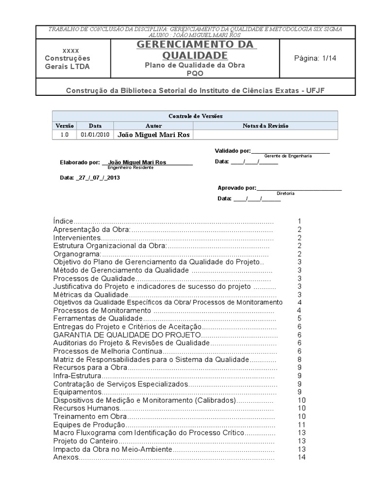PQO - Trabalho Plano de Qualidade Da Obra | PDF | Seis Sigma | Qualidade (negócios)