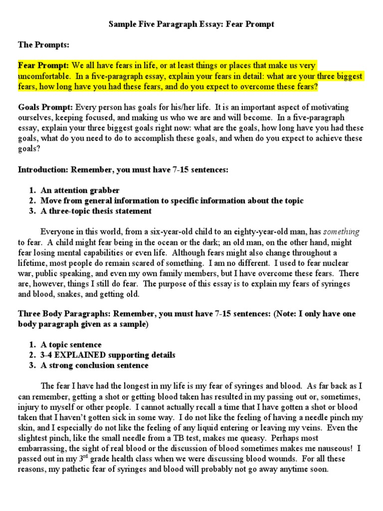 Sample Five Paragraph Essay Fear Essay | PDF