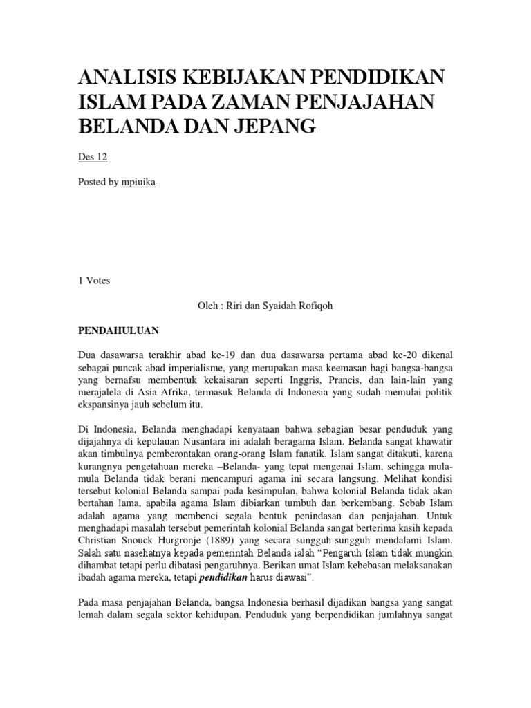 Analisis Kebijakan Pendidikan Islam Pada Zaman Penjajahan Belanda Dan | PDF