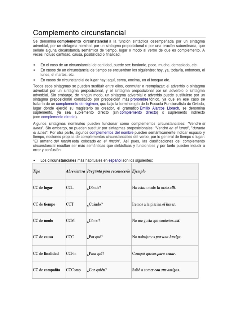 Definición y tipos de complementos circunstanciales | PDF