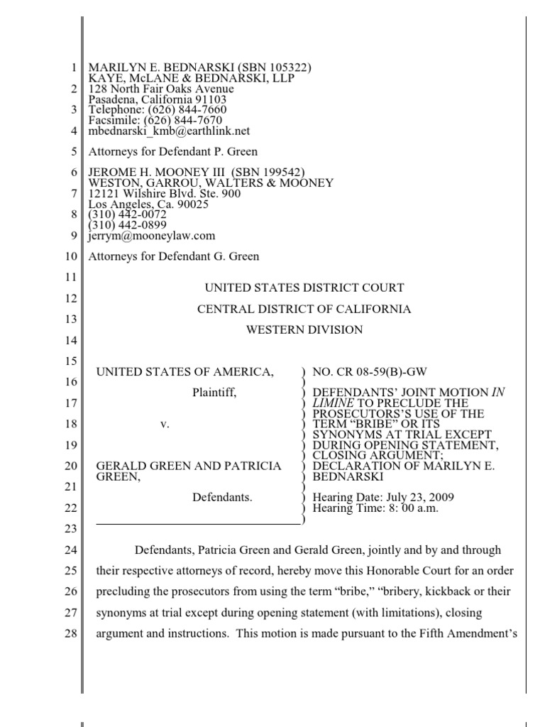 Defendants' Motion To Prohibit Term Bribe or Kickback | PDF | Relevance ...