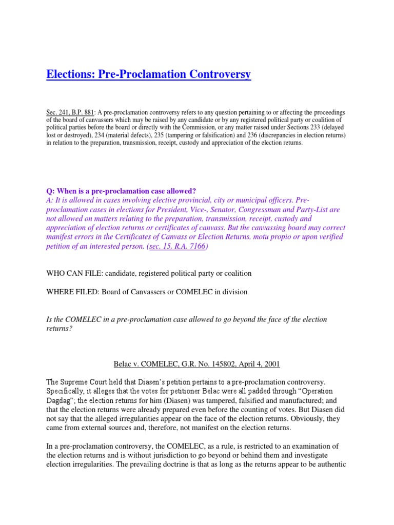 Pre Proclamation | PDF | Elections | Commission On Elections (Philippines)