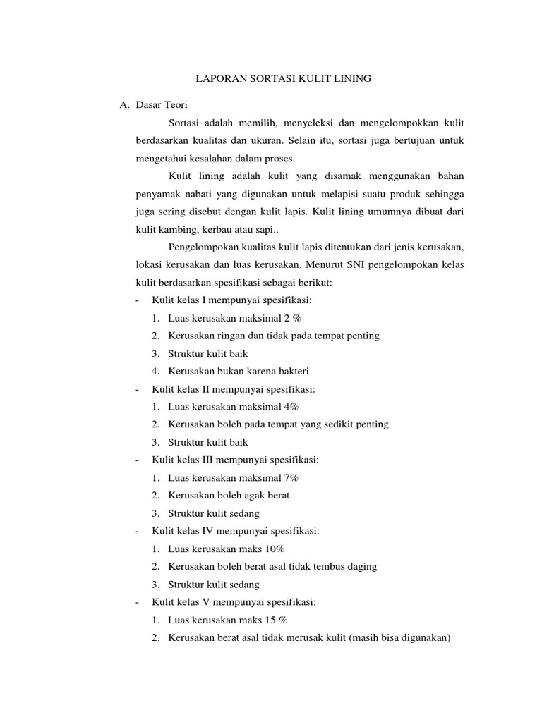 Laporan Sortasi Kulit Lining | PDF